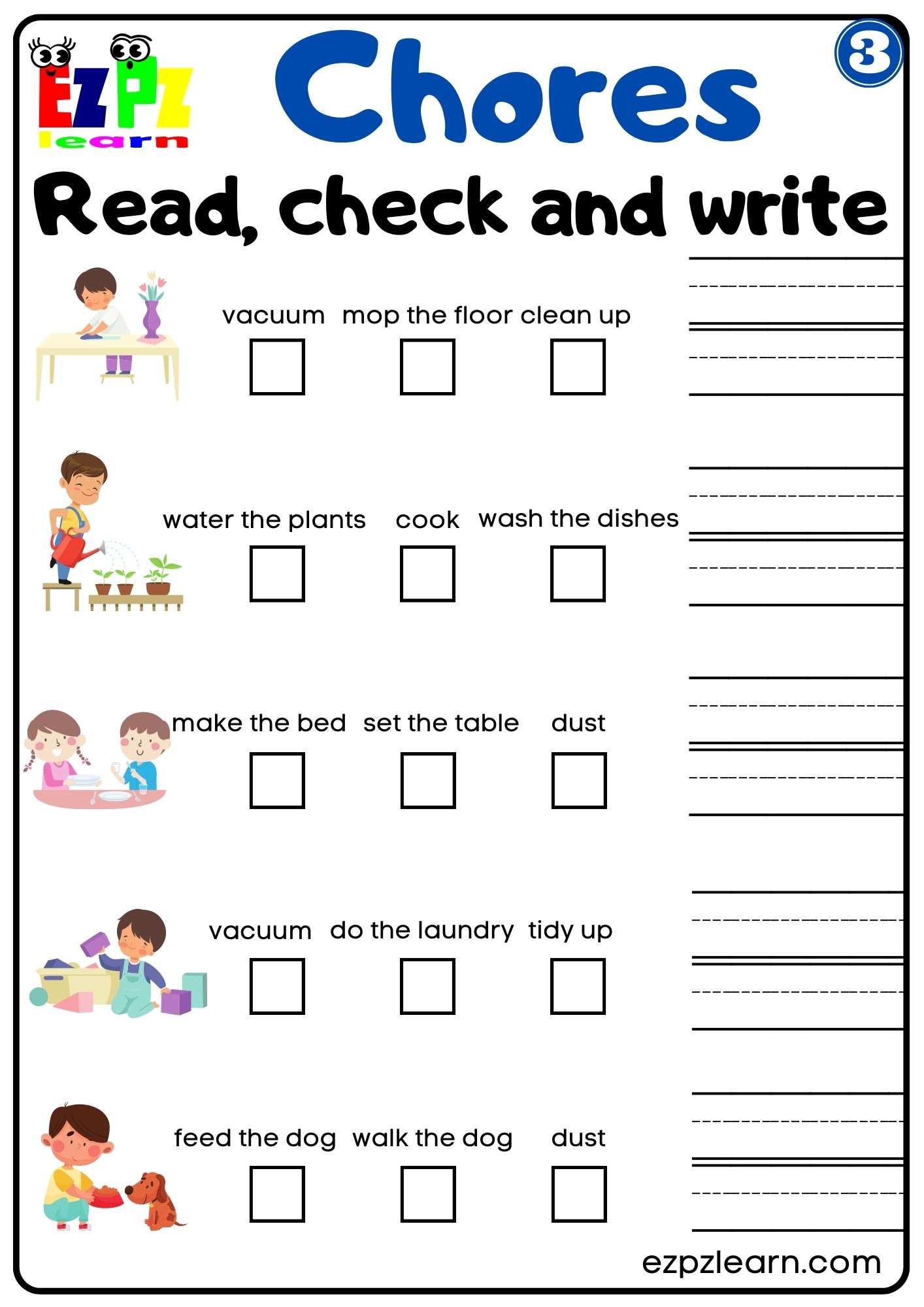 Read Check and Write Worksheet Household Chores Vocabulary For ESL and K5 Students PDF Download ...